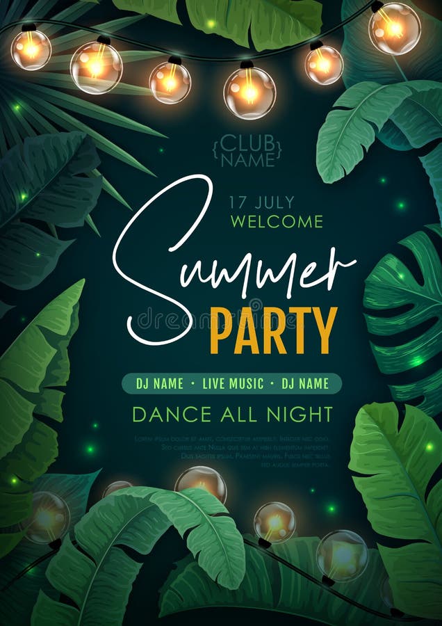 Summer Disco Party Poster with Tropic Leaves and String of Lights ...