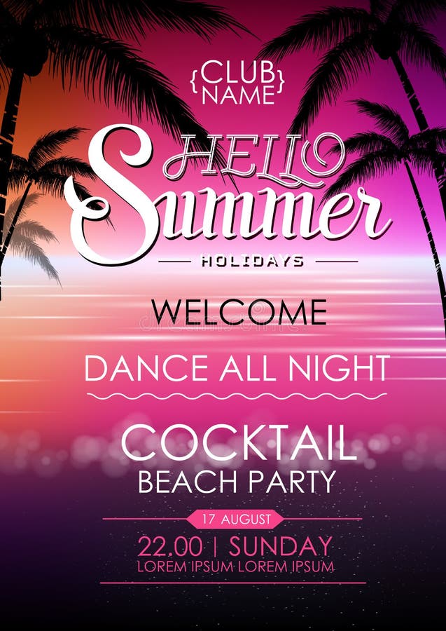 Summer Disco Poster Cocktail Beach Party Lettering Poster Hello Summer