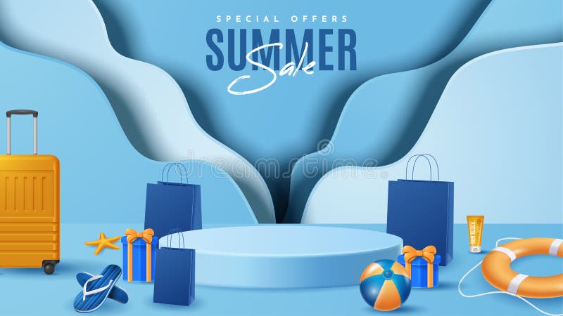 Summer Display Podium Decoration Background with Beach Ornament. Vector ...