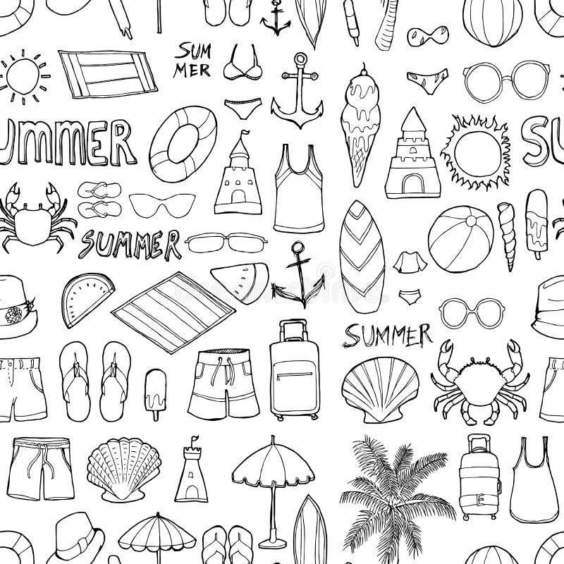 Summer Doodle Background Seamless Pattern. Drawing Illustration Hand ...