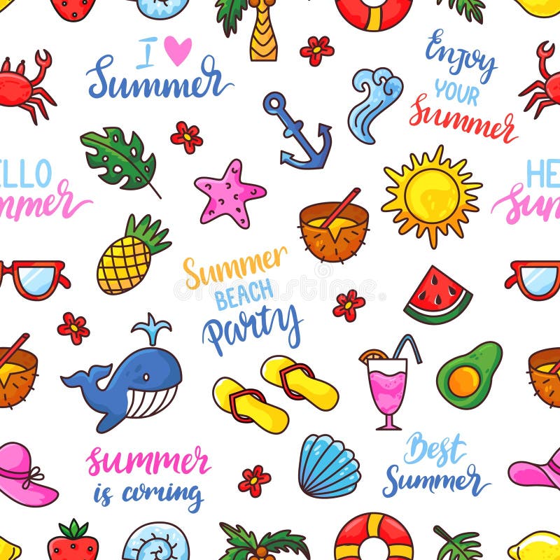 Summer Doodle Seamless Pattern. Positive Fabric Print Design with ...