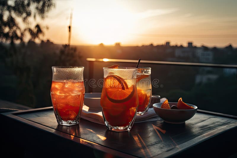 Summer Drinks on a Table, with View of the Sunset Stock Illustration ...