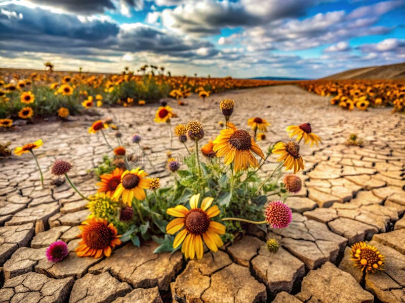 A Summer Droughts Impact Wilted Flowers and Parched Earth in a Desolate ...