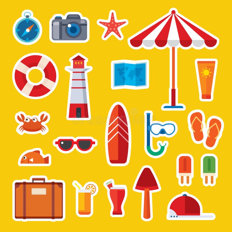 Summer Elements Signs and Symbol Stickers Flat Icon Stock Vector ...