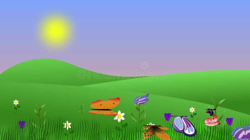 Summer Environment Animation with Butterflies and Fields, Flat Graphic ...