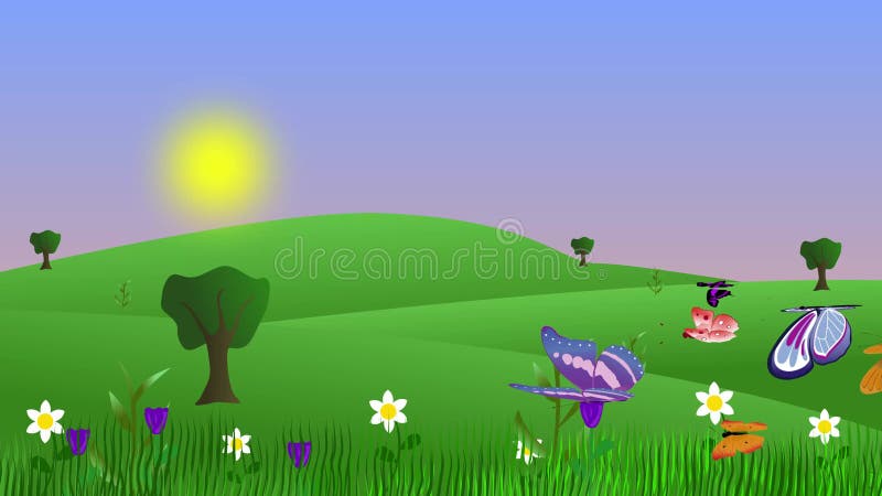 Summer Environment Animation with Butterflies and Fields, Flat Graphic ...