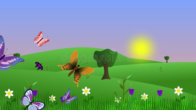 Summer Environment Animation with Butterflies and Fields, Flat Graphic ...