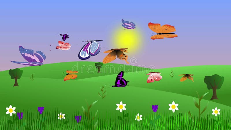 Summer Environment Animation with Butterflies and Fields, Flat Graphic ...