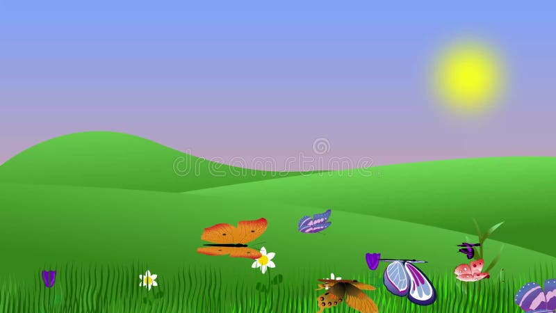 Summer Environment Animation with Butterflies and Fields, Flat Graphic ...