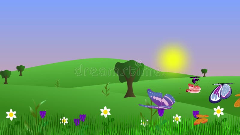Summer Environment Animation with Butterflies and Fields, Flat Graphic ...