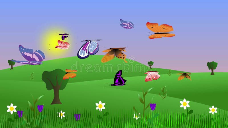 Summer Environment Animation with Butterflies and Fields, Flat Graphic ...