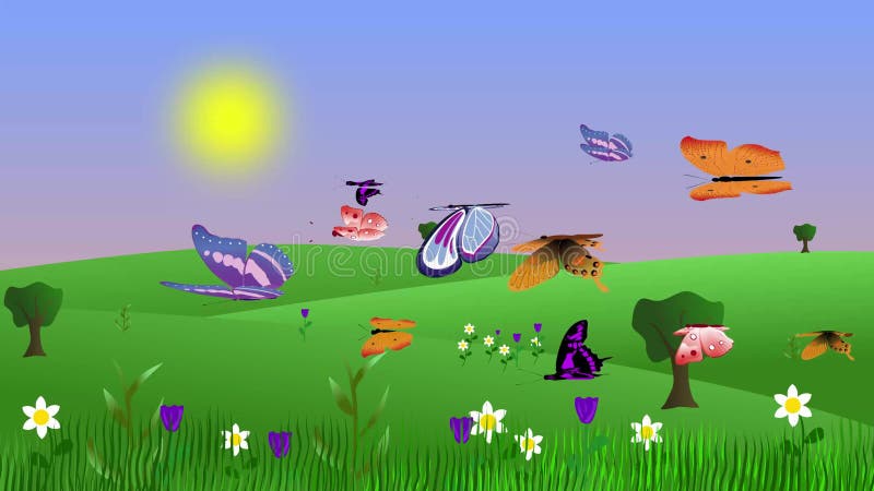 Summer Environment Animation with Butterflies and Fields, Flat Graphic ...