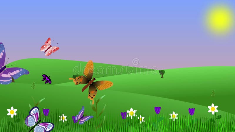 Summer Environment Animation with Butterflies and Fields, Flat Graphic ...