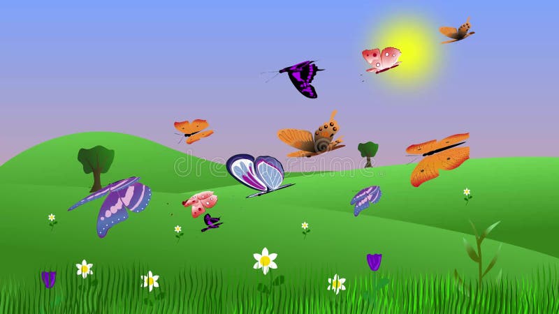Summer Environment Animation with Butterflies and Fields, Flat Graphic ...