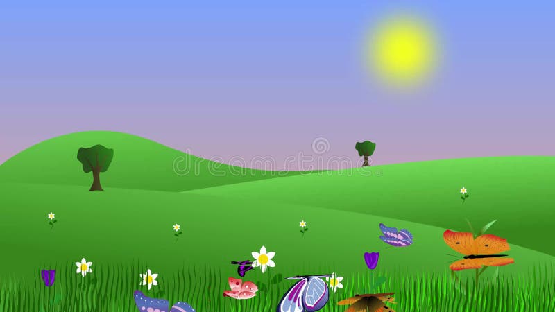 Summer Environment Animation with Butterflies and Fields, Flat Graphic ...