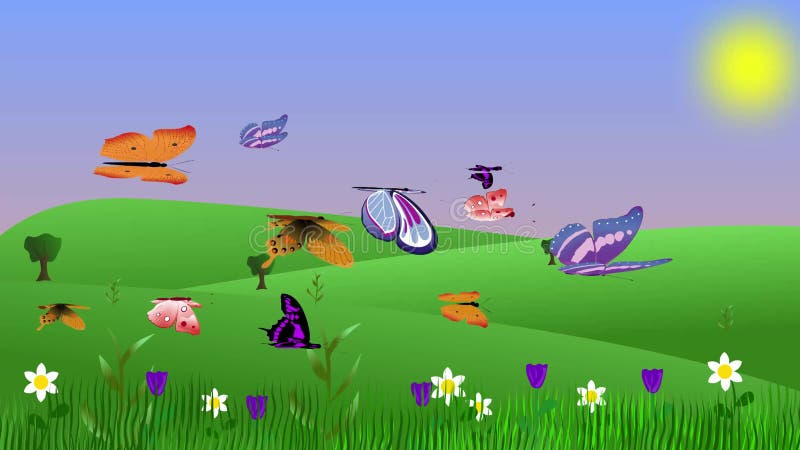Summer Environment Animation with Butterflies and Fields, Flat Graphic ...