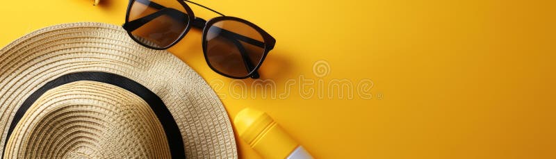 Summer Essentials Flat Lay Straw Hat, Sunglasses, and Sunscreen on ...