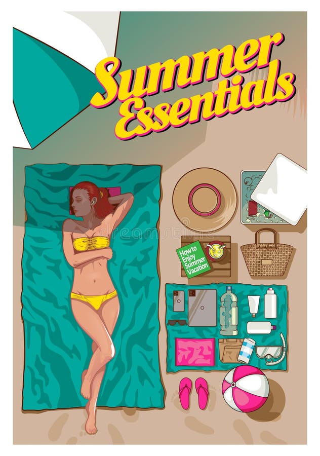 Summer Essentials Pin Up Girl Vector Illustration Stock Vector - Illustration of swimsuit, towel ...