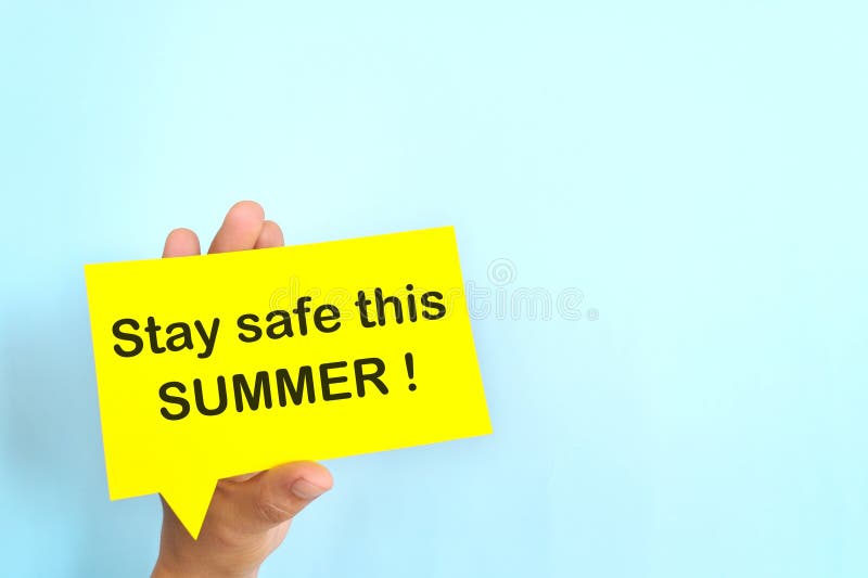 Summer Essentials and Safety Tips Reminder Concept. Hand Holding Bright ...