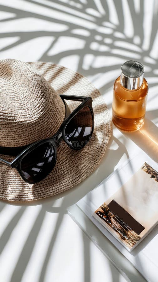 Summer Essentials: Sunglasses, Straw Hat, and Perfume on Sunlit Surface ...