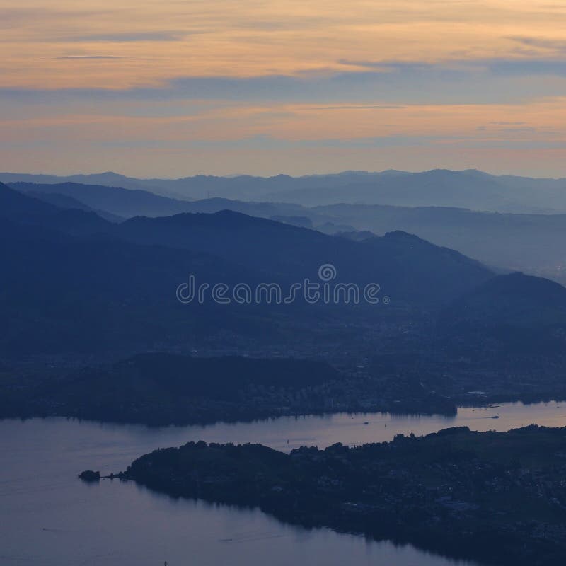 Nightfall Over Lucerne. View from Mount Rigi, Switzerland. Stock Photo ...