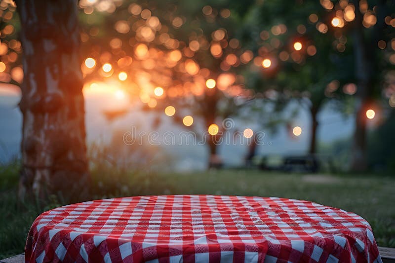 Summer Evening Picnic Table Setup with Sunlight and Bokeh Lights for ...