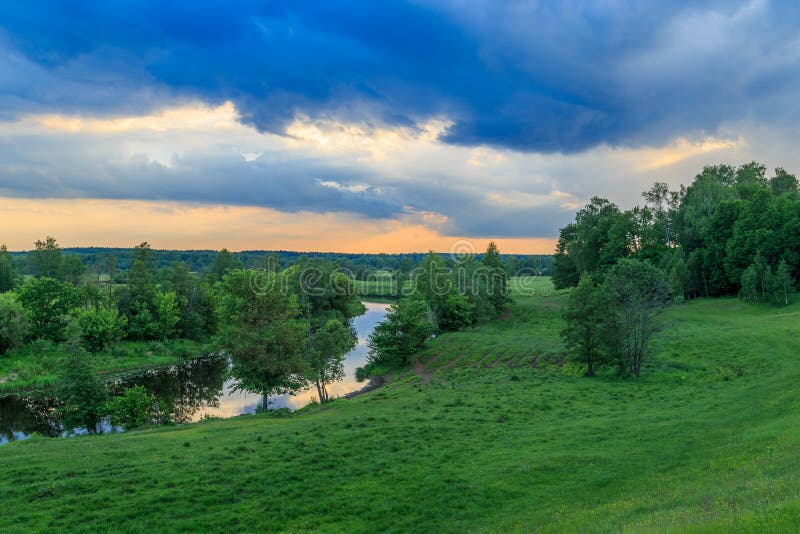 Summer Evening, the River Flows through a Field Stock Photo - Image of ...