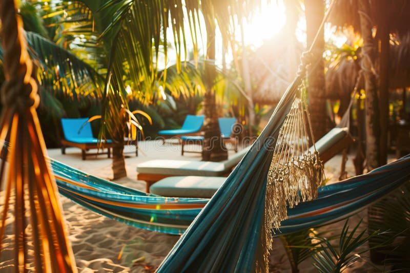 Summer Evening Tropical Beach Scene with Hammocks and Lounge Chairs ...