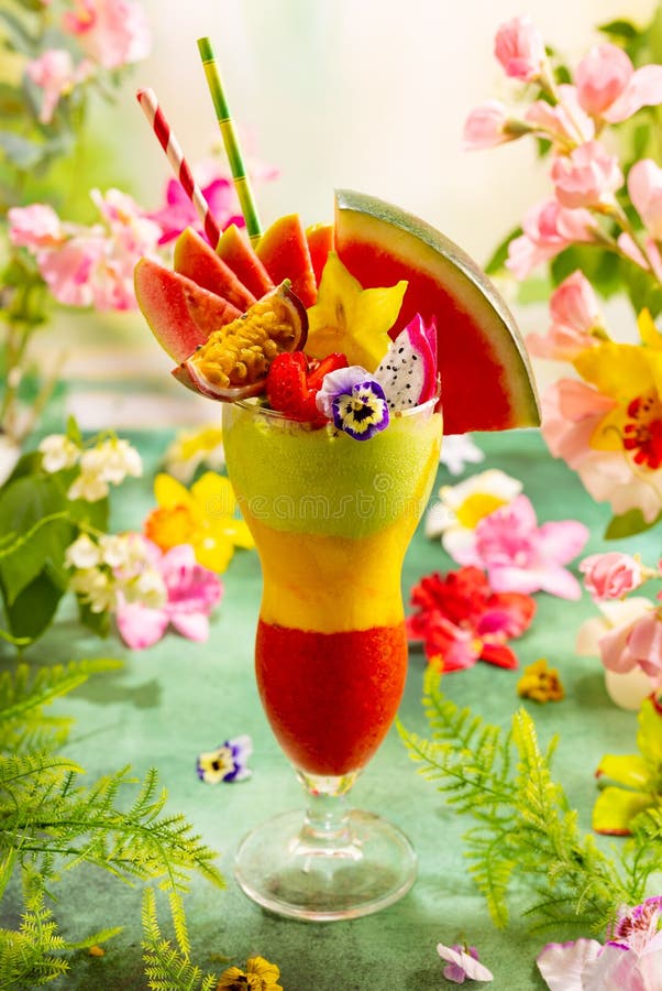 Summer Exotic Cocktail Smoothie . Exotic Fruit Layered Drink Stock ...