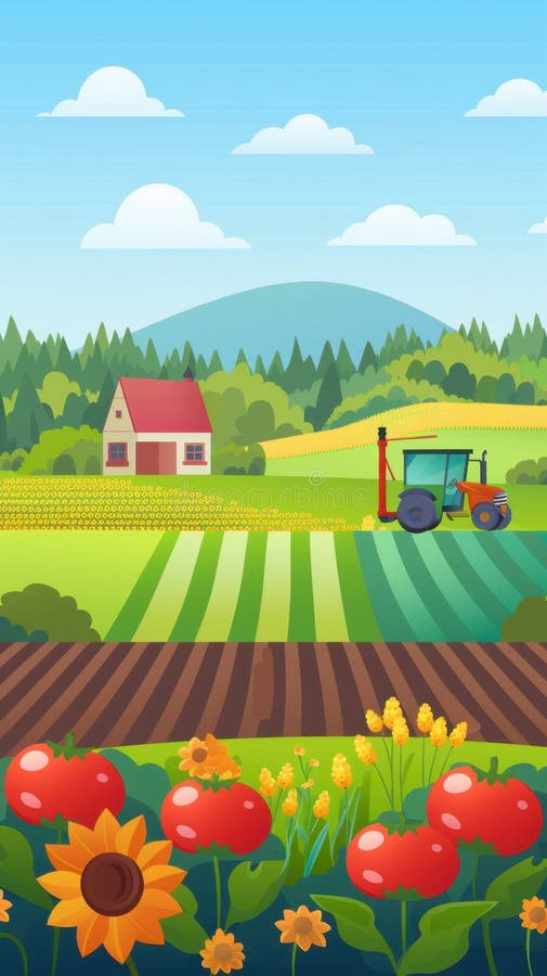 Summer Farm Landscape with Tractor and Sunflowers Stock Illustration ...