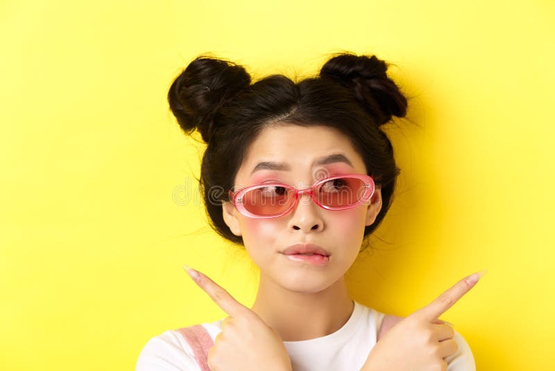 Summer Fashion Concept Pensive Asian Girl Making Choice Pointing