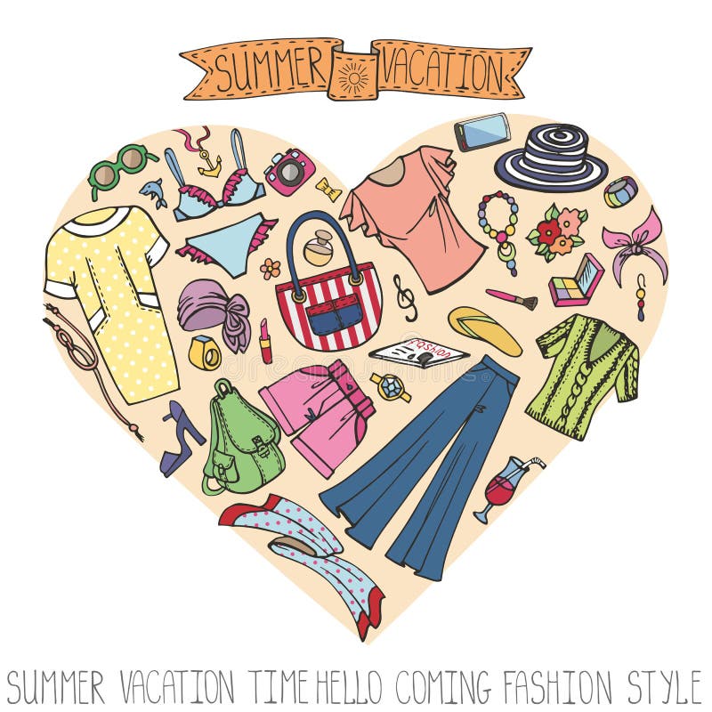 Summer Fashion Set Woman Colored Wear Hanging On Rope Stock Vector