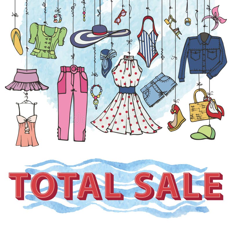 Summer Fashion Set Woman Colored Wear Hanging On Rope Stock Vector