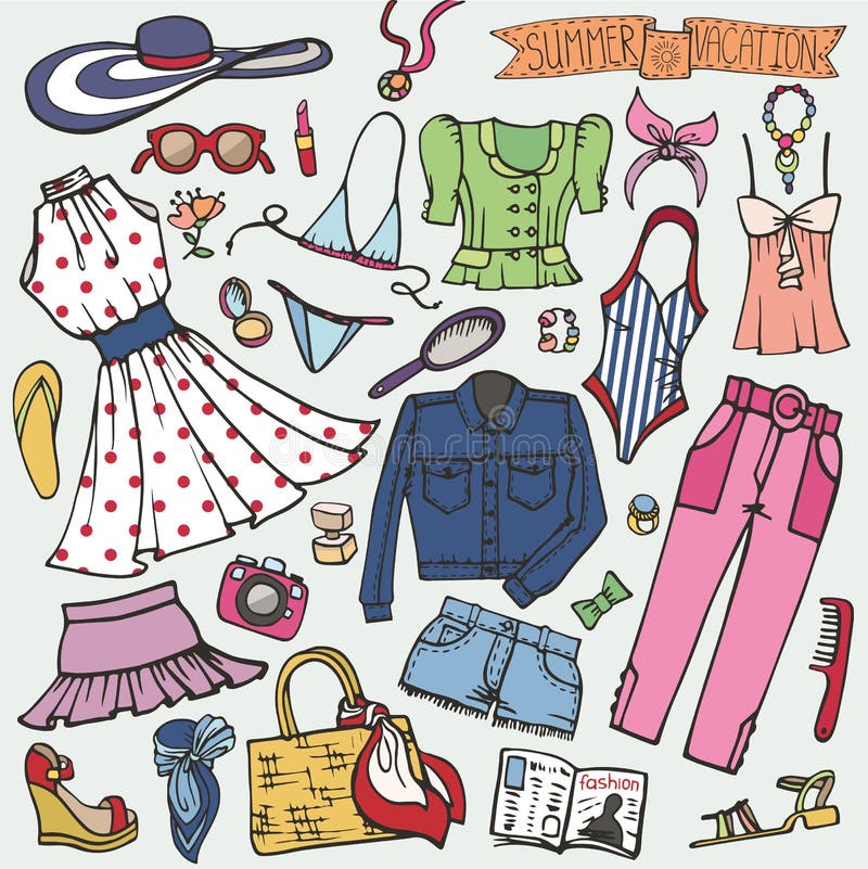 Summer Fashion Set Woman Colored Wear Hanging On Rope Stock Vector