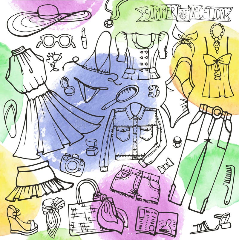 Summer Fashion Set Woman Colored Wear Hanging On Rope Stock Vector
