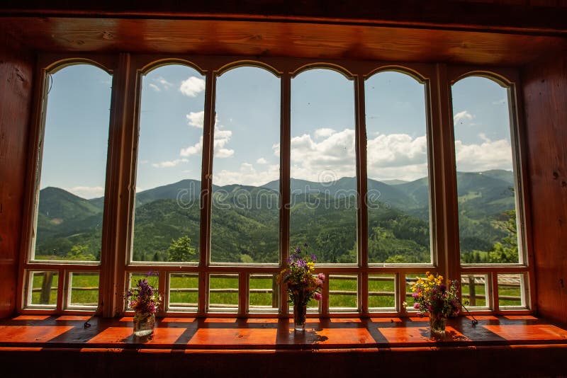 Summer Field and Mountains Seen through the Window Stock Image - Image ...