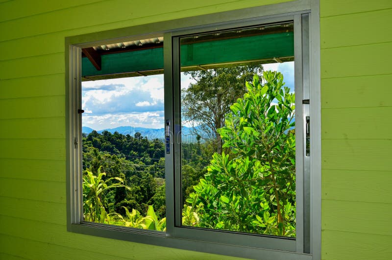 Summer Field and Mountains Seen through the Window Stock Photo - Image ...