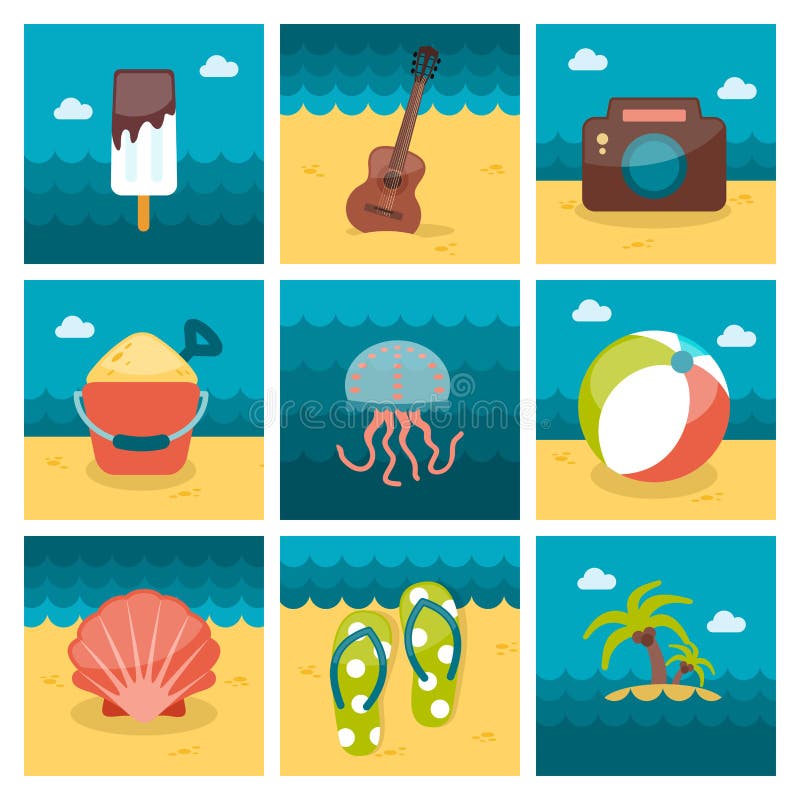 Summer flat icons set stock vector. Illustration of camera - 56900768