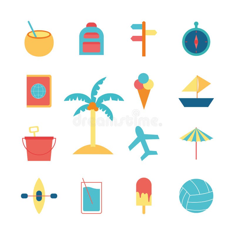 Summer Flat Style Symbols Set Vector Design Stock Vector - Illustration ...