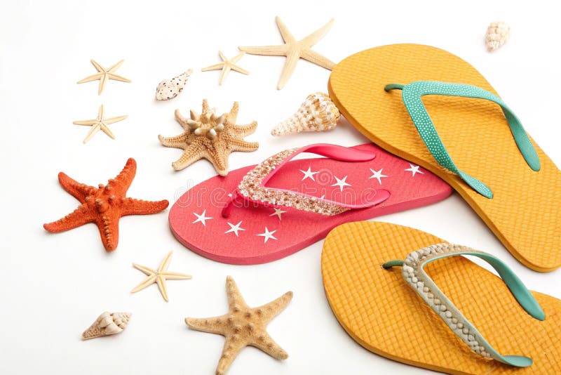 Summer Flip Flops with Starfish on White Background. Top View Stock ...