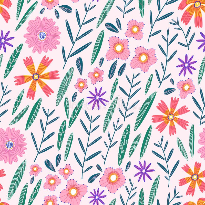 Summer Flower Field with Pink Florals, Vector Pattern Stock Vector ...