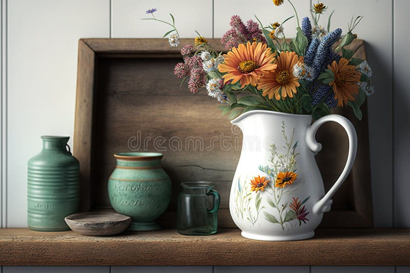 Summer_flowers_in_white_jug_on_wooden_shelf, Generative AI Stock ...