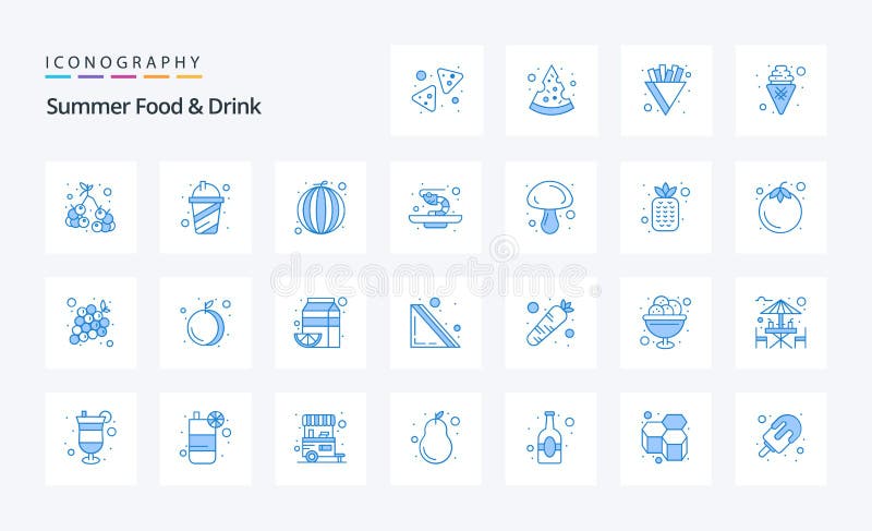 25 Summer Food Drink Blue Icon Pack Stock Vector - Illustration of wine ...