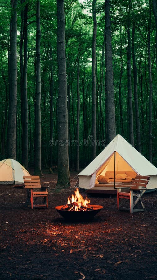 Summer Forest Campground with Tents and Cozy Fireplace Stock ...