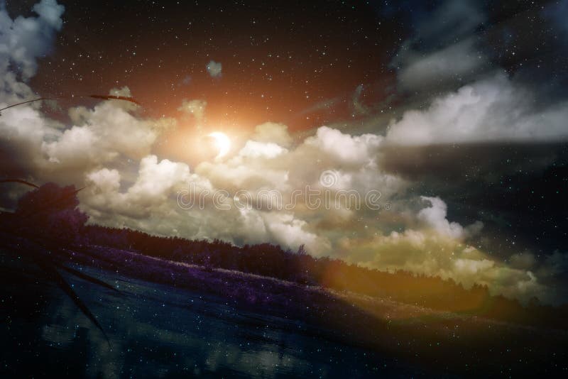 Solar eclipse over river stock illustration. Illustration of atmosphere ...