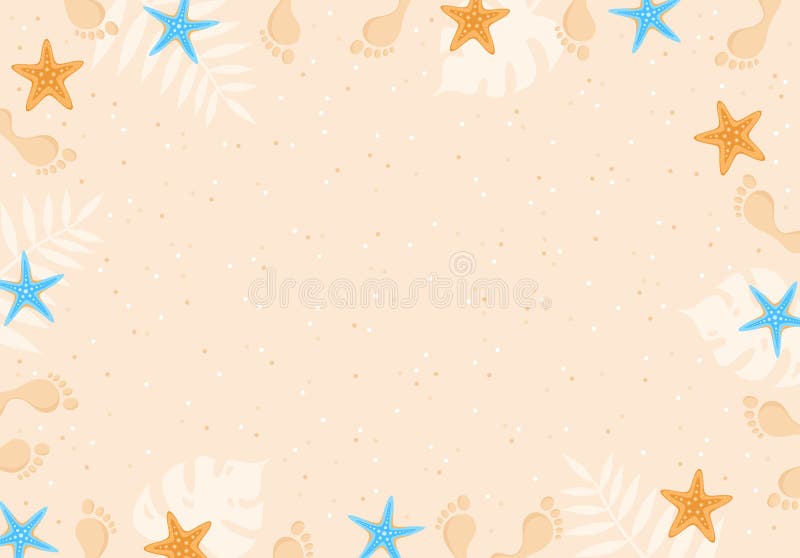 Summer Frame with Footprints, Starfish and Leaves on Sand, Copy Space ...