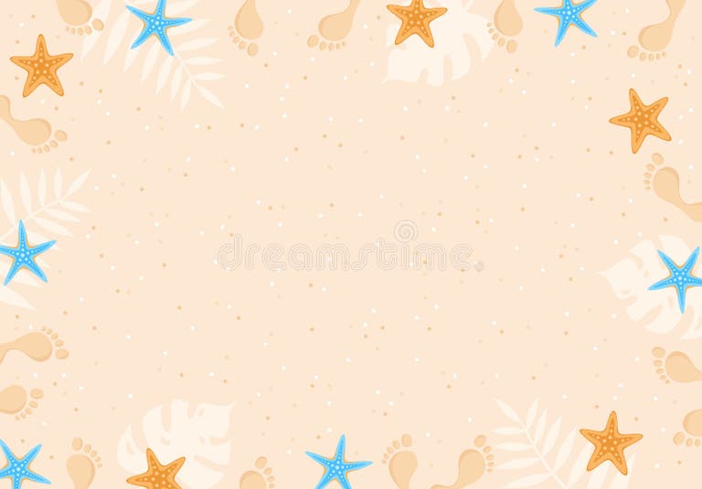 Summer Frame with Footprints, Starfish and Leaves on Sand, Copy Space ...