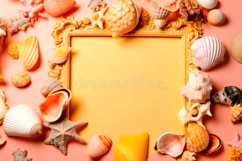 Summer Frame Seashells, Sand and Yellow Background Stock Illustration ...