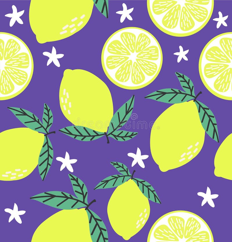 Summer Fresh Lemons Purple Seamless Pattern Stock Vector - Illustration ...