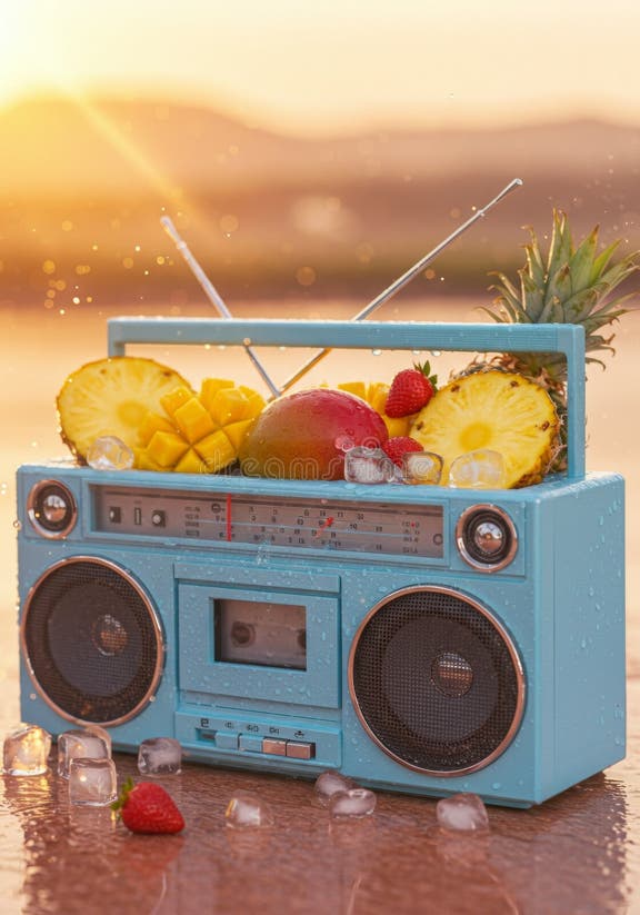 Summer Fruit Boombox Sunset Scene Stock Illustration - Illustration of ...